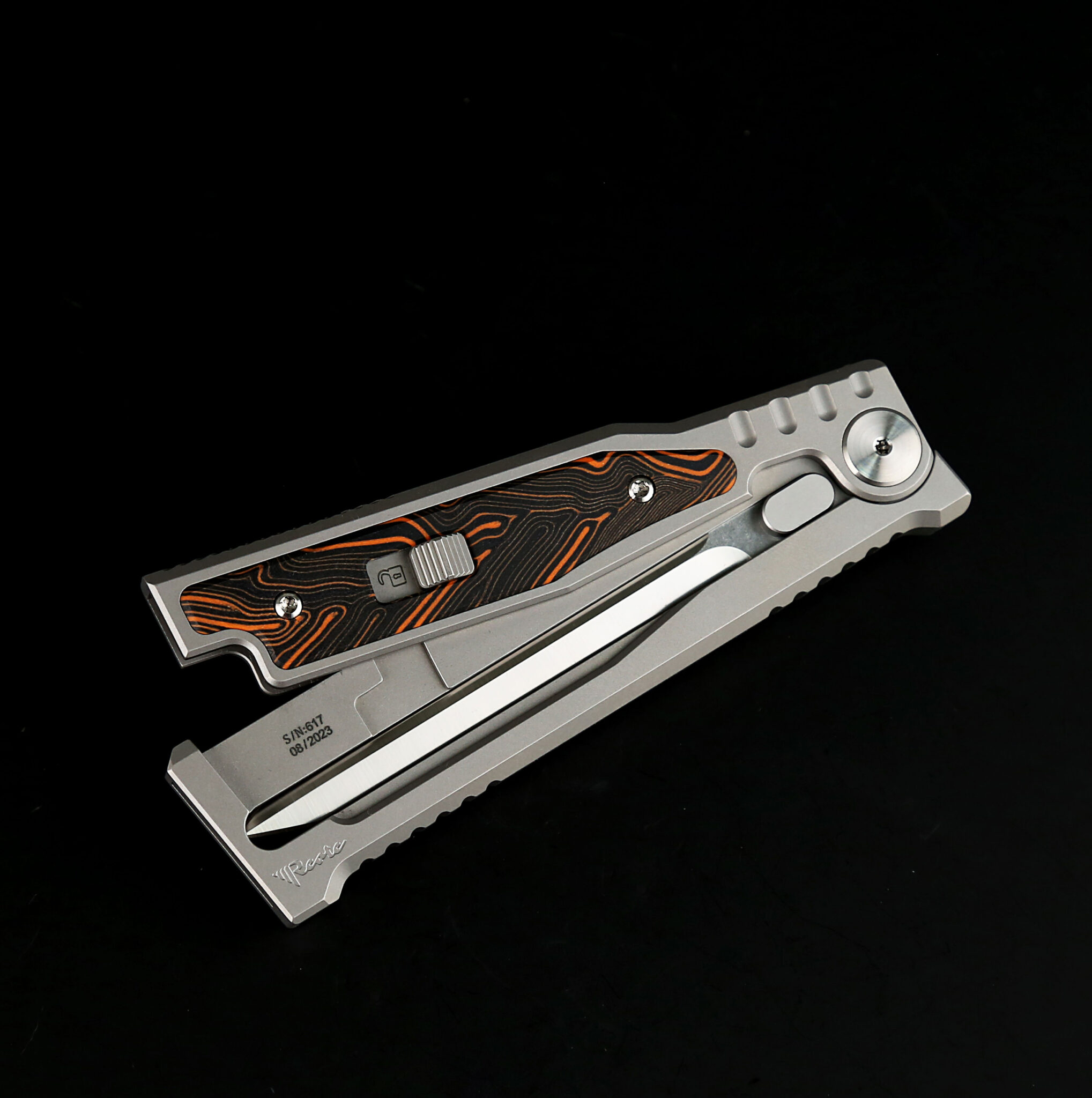 EXO-M G10 Damascus Pattern – Orange/Black Double Edge – Reate Knives